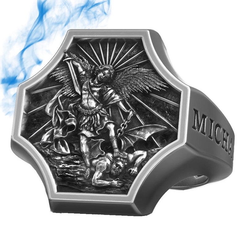 Archangel St Michael Slaying the Devil Solid Sterling Silver Men Ring ...