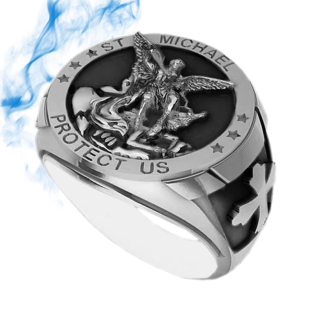 Archangel St Michael Slaying the Devil Solid Sterling Silver Men Ring ...