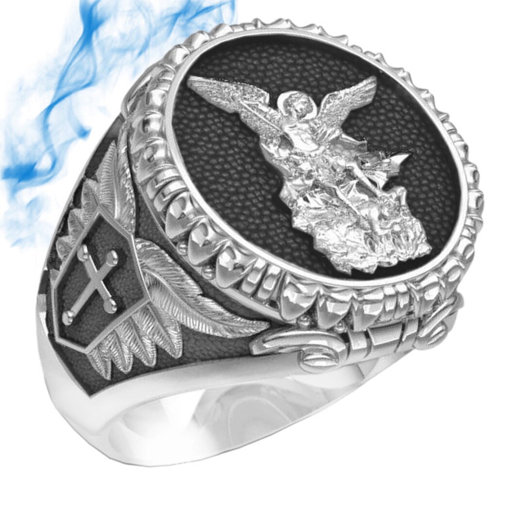 Archangel St Michael Slaying the Devil Solid Sterling Silver Men Ring ...