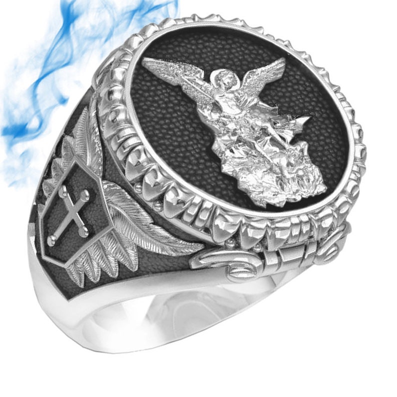 Archangel St Michael Slaying the Devil Solid Sterling Silver Men Ring ...