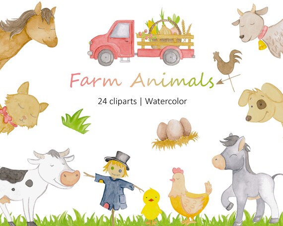 Cute Farm Watercolor Clipart Farm Animals Watercolor Clipart | Etsy