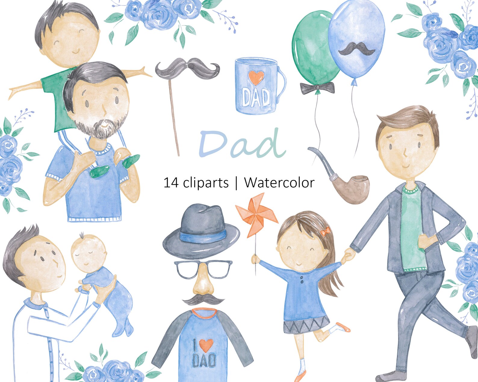 Father's Day Watercolor Clipart, Watercolor Dad and Son Clipart, Family ...