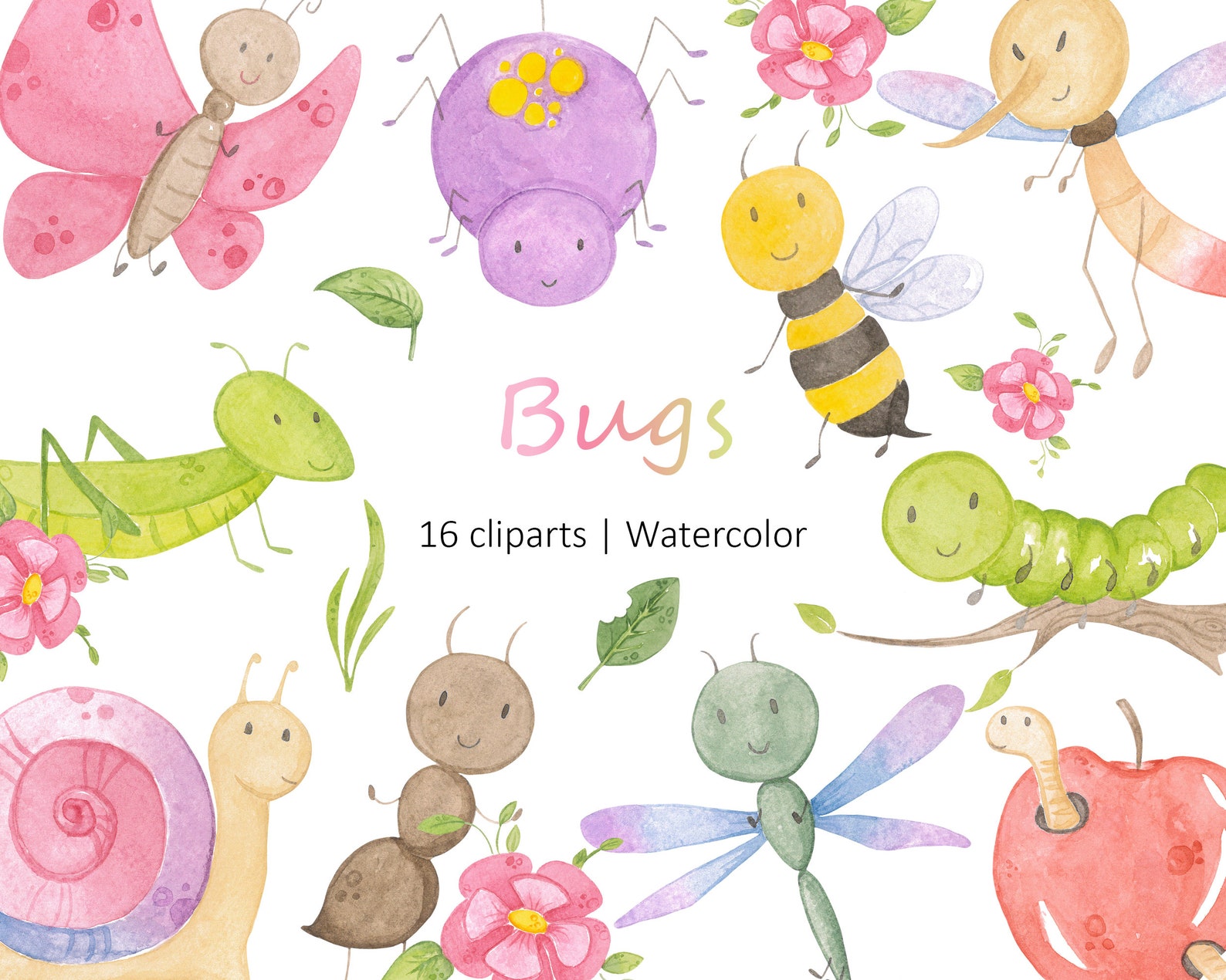 Cute Bugs Watercolor Clipart, Garden Bugs Clipart, Watercolor Spring ...