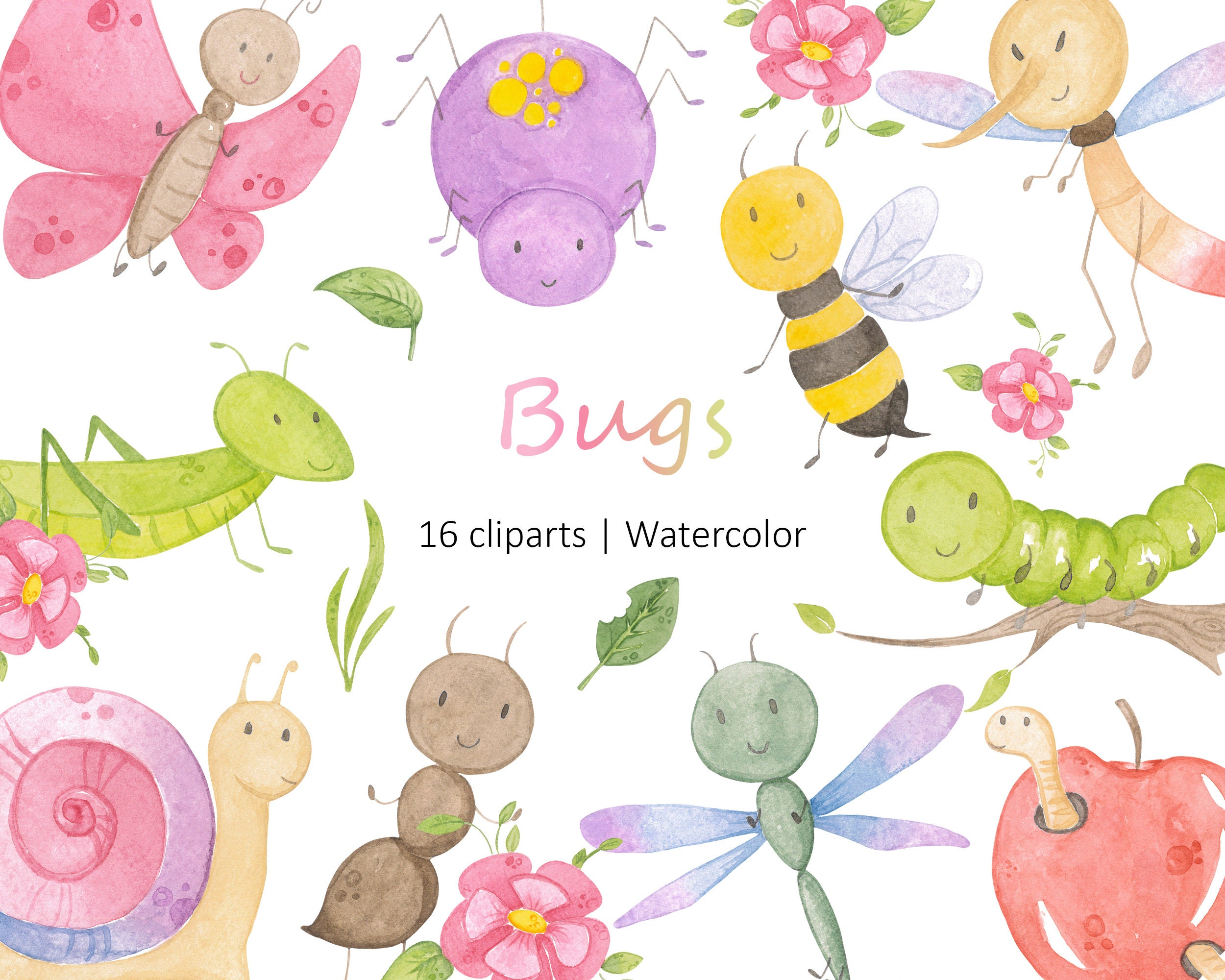 Cute Bugs Watercolor Clipart, Garden Bugs Clipart, Watercolor Spring ...