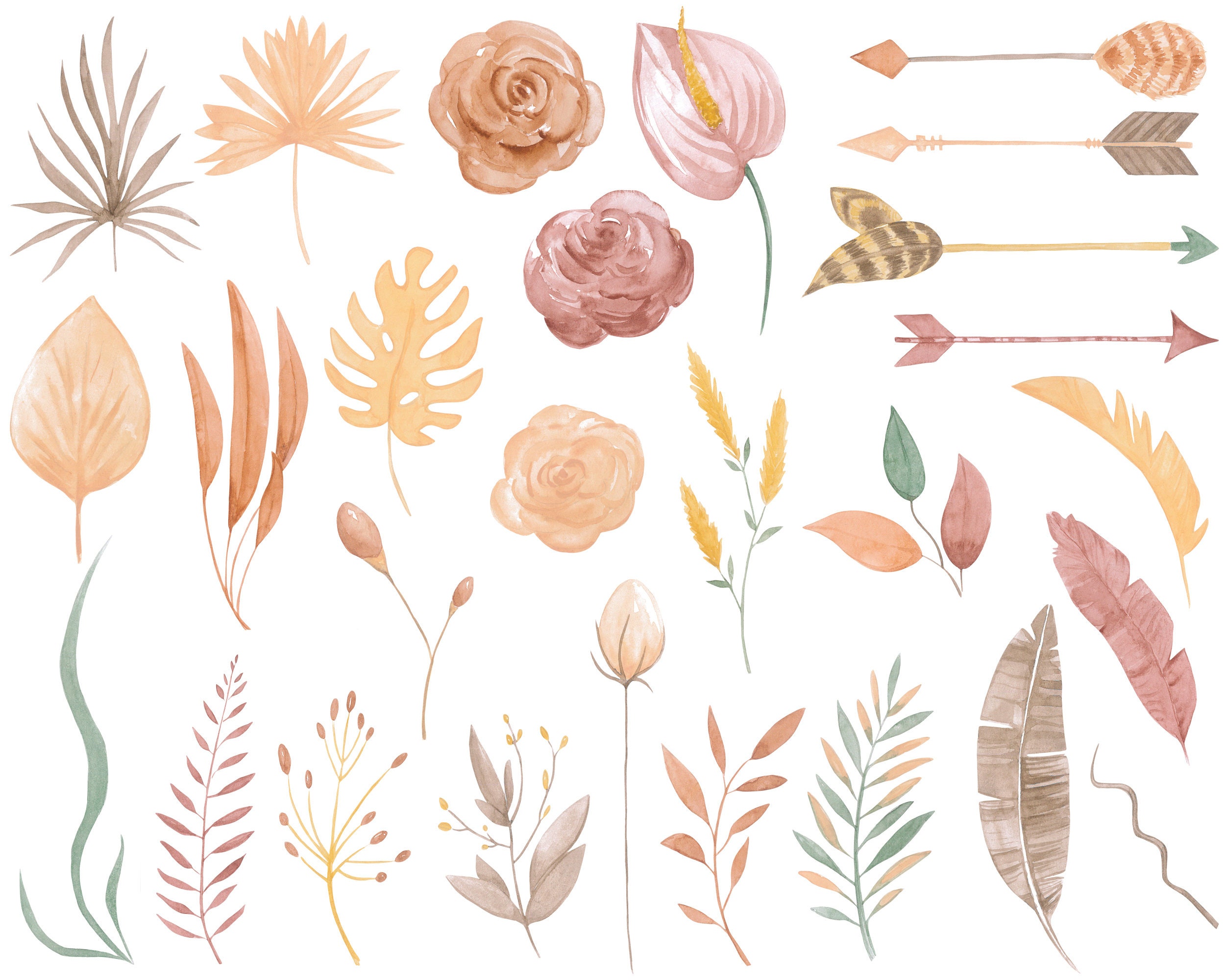 Boho Flower Watercolor Clipart, Bohemian Dried Leaf Clipart, Watercolor ...
