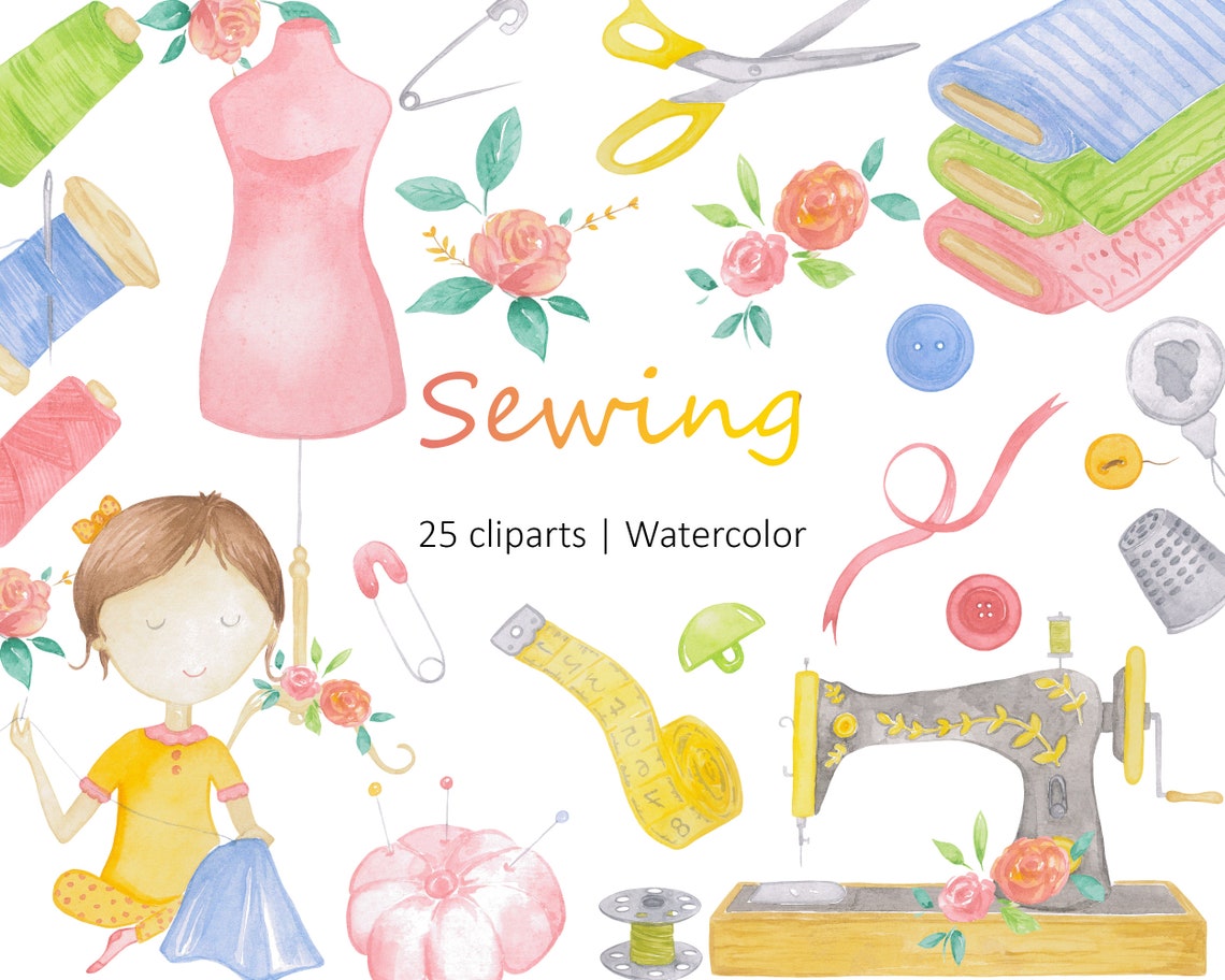 Sewing Watercolor Clipart, Watercolor Little Tailor Clipart, Sewing Kit ...