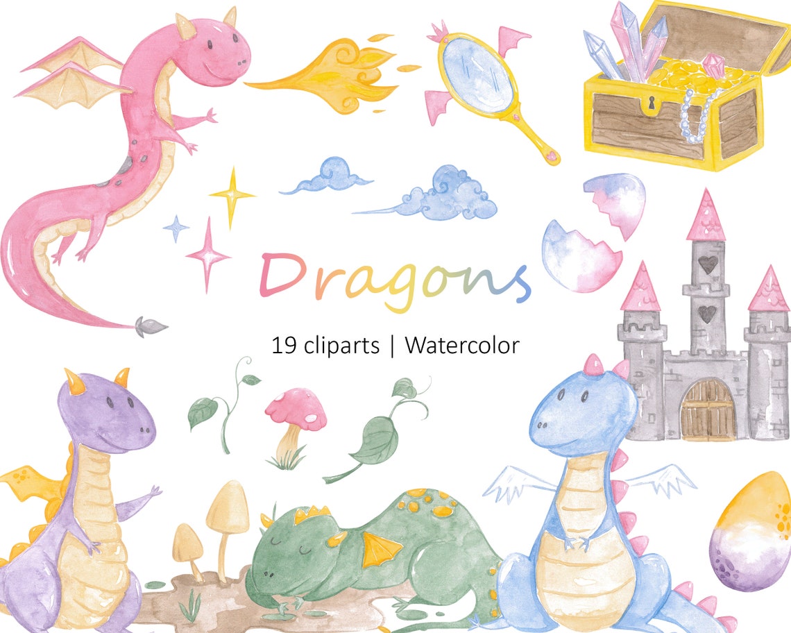 Dragons Watercolor Clipart, Watercolor Dragon Kingdom Clipart, Nursery ...