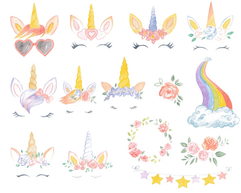 Unicorn Faces Watercolor Clipart, Floral Unicorn Clipart, Rainbow ...