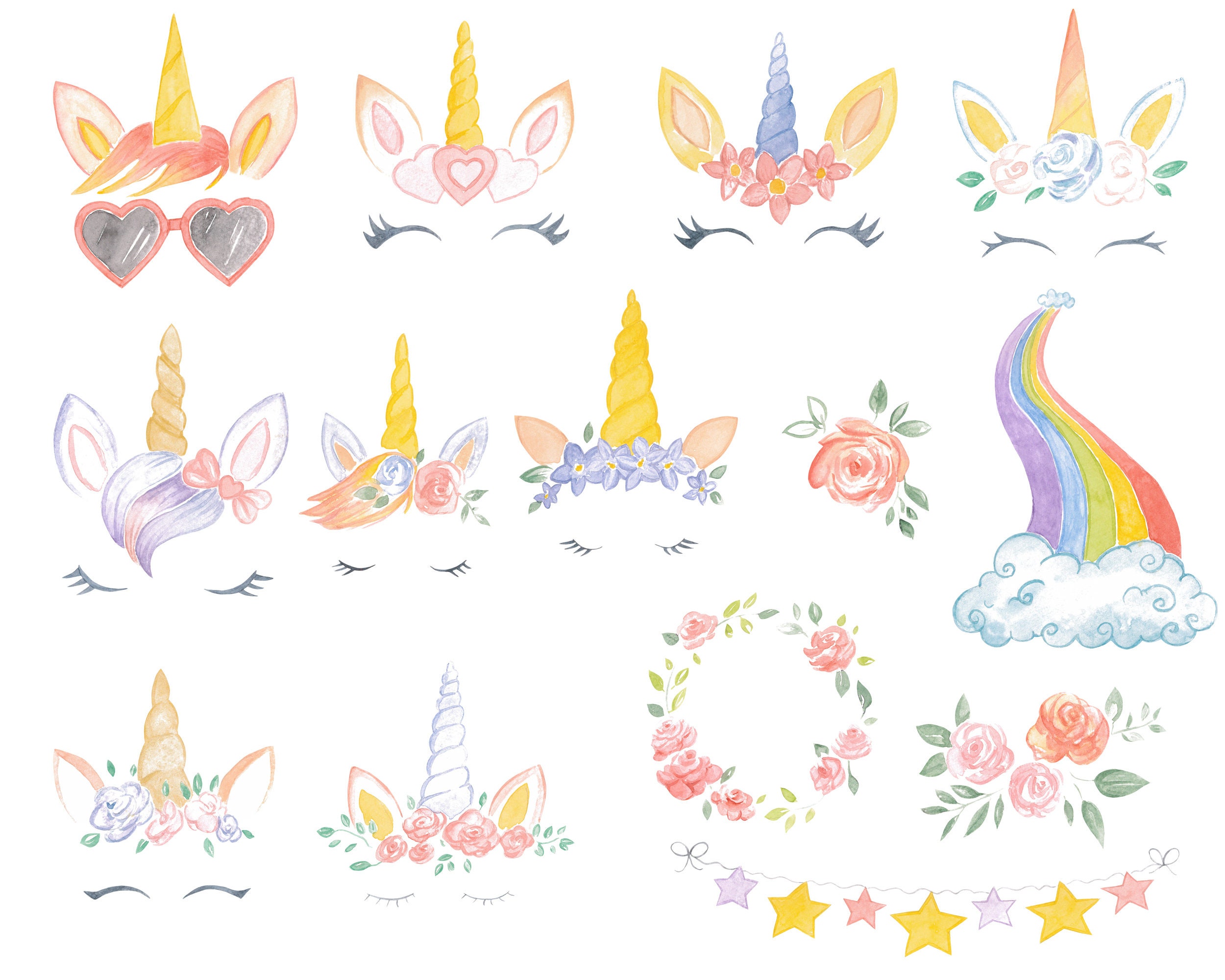 Unicorn Faces Watercolor Clipart, Floral Unicorn Clipart, Rainbow ...