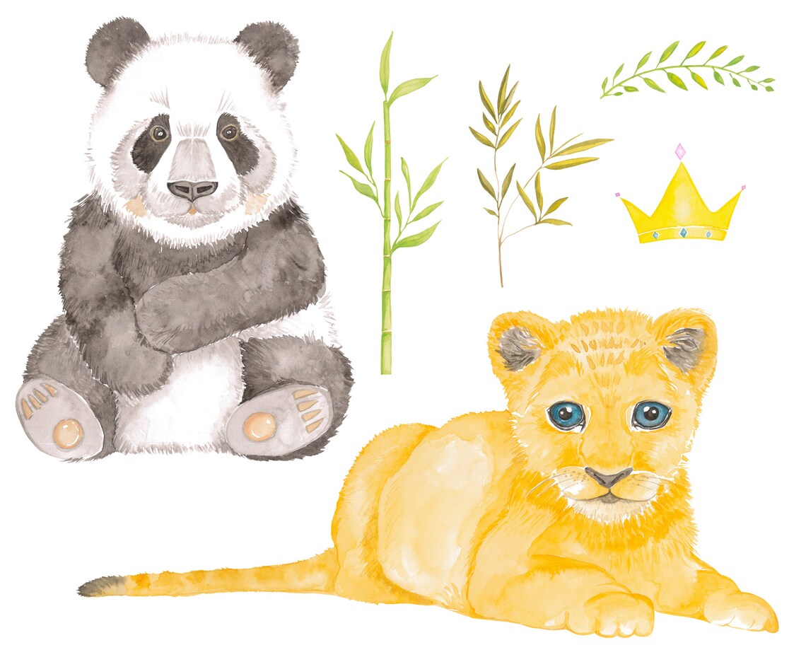Panda and Lion Watercolor Clipart, Watercolor Nursery Clipart, PNG ...