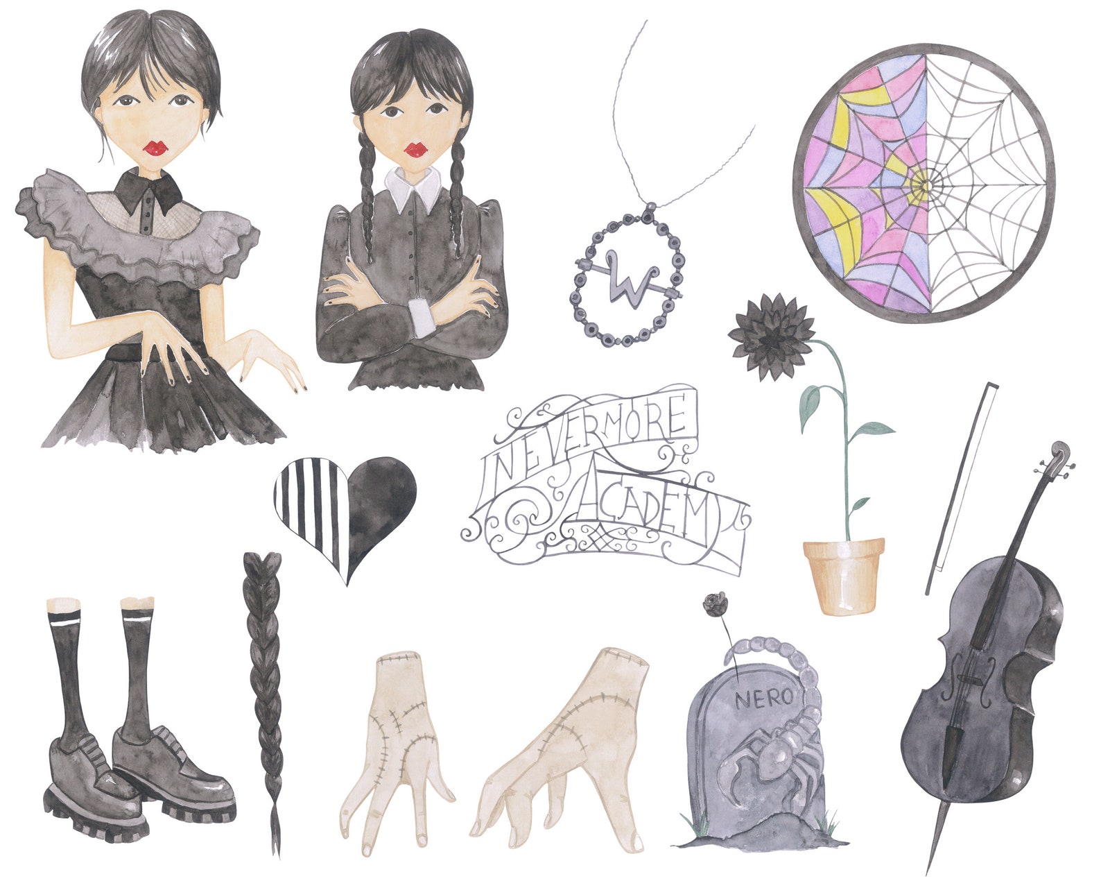 Wednesday Watercolor Clipart, Wednesday Horror, Watercolor Halloween ...