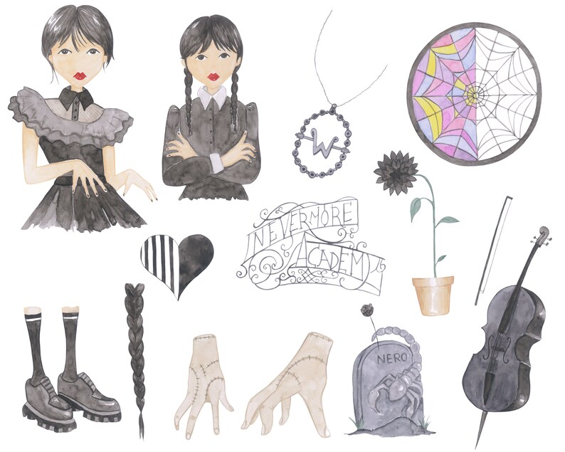Wednesday Watercolor Clipart, Wednesday Horror, Watercolor Halloween ...