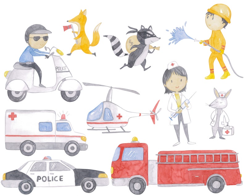 Watercolor Rescue Vehicles, Rescue Cars, Ambulance Police Firetruck ...