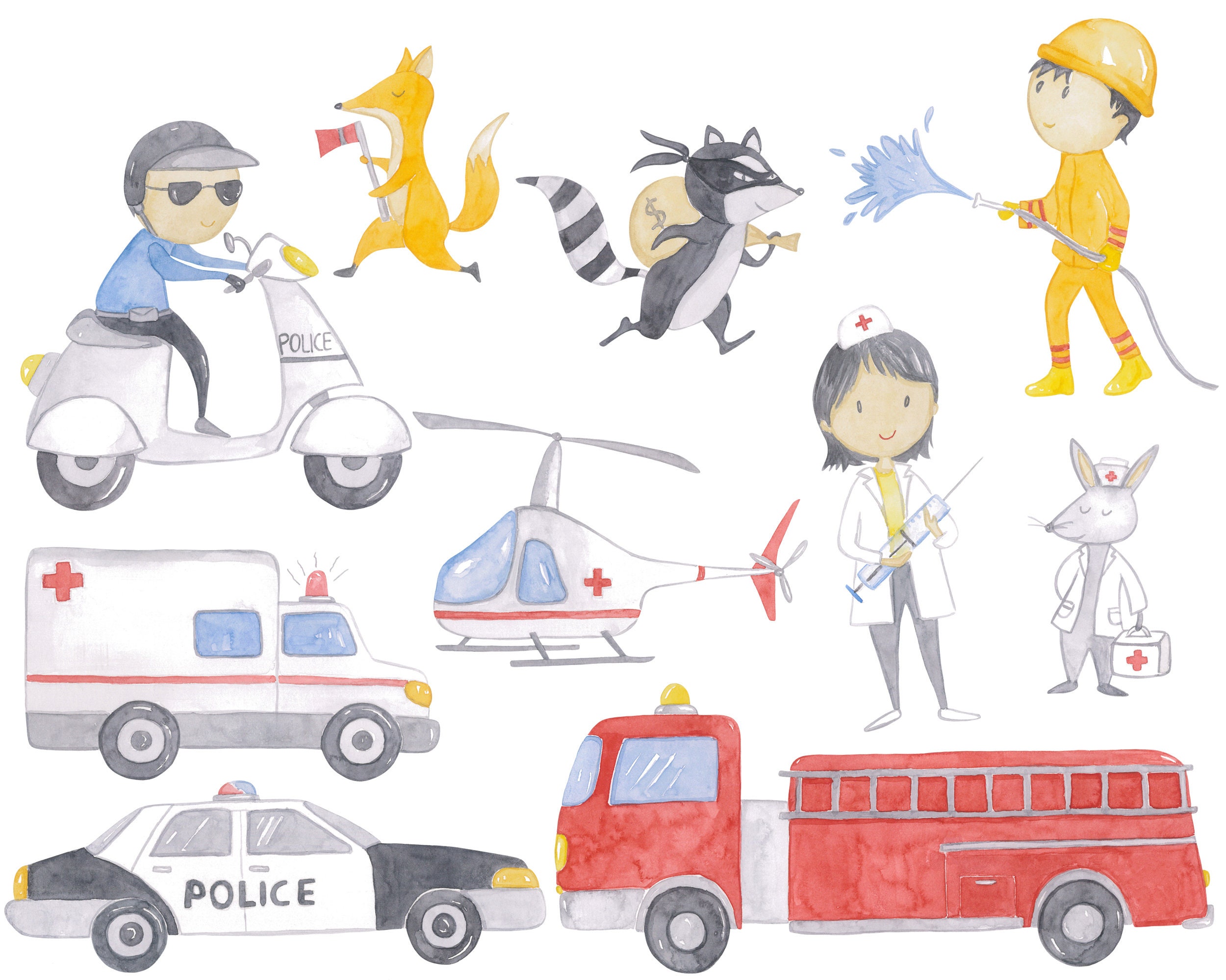 Watercolor Rescue Vehicles, Rescue Cars, Ambulance Police Firetruck ...