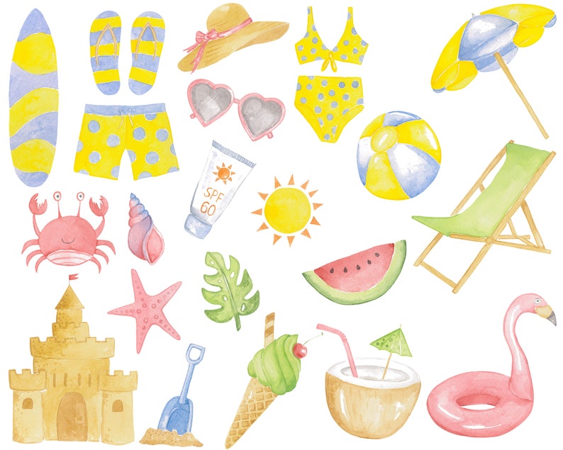 Summer Beach Party Watercolor Clipart Beach Day Clipart - Etsy