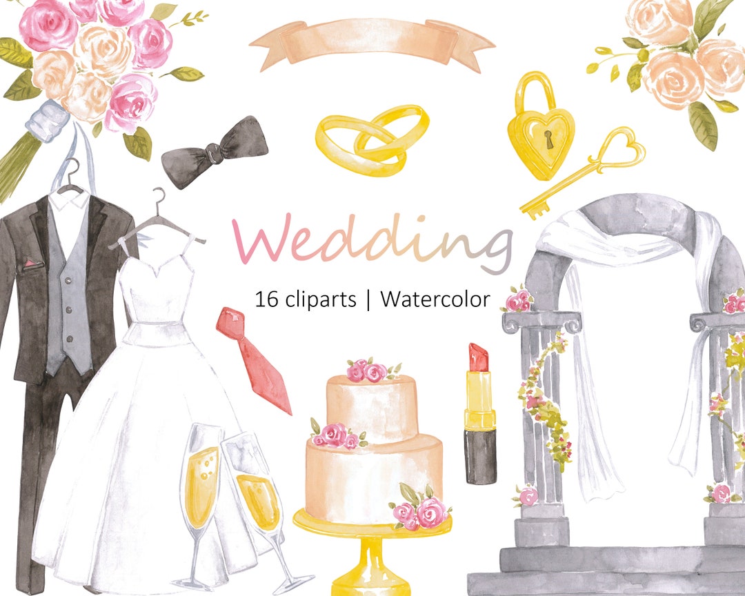 Wedding Watercolor Clipart, Bride Clipart, Watercolor Wedding Elements ...