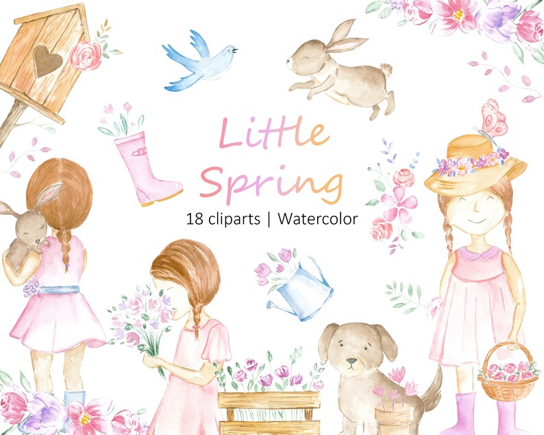 Little Spring Watercolor Clipart, Spring Flower Girls Watercolor ...