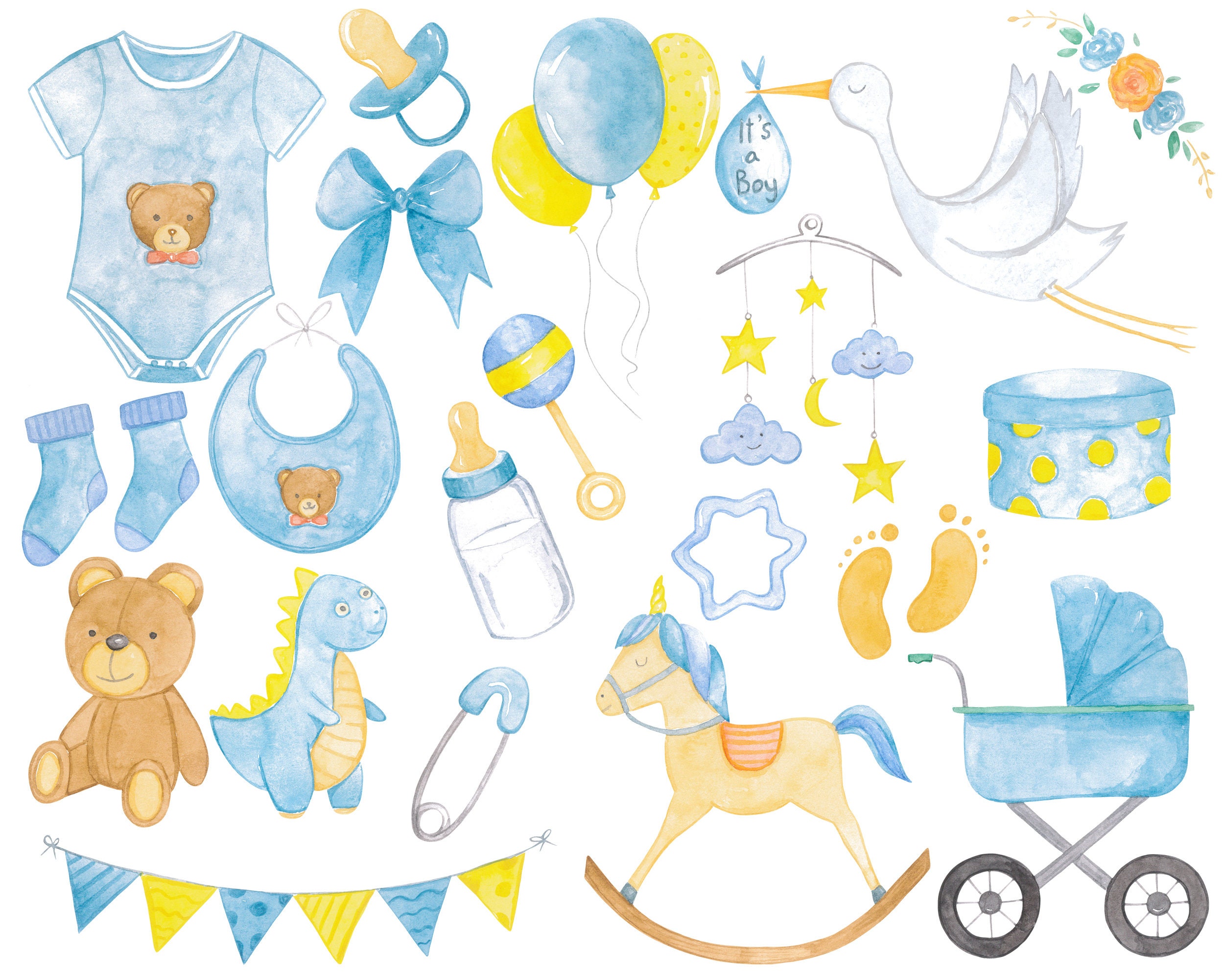 Baby Boy Watercolor Clipart, Watercolor Boys Baby Shower Clipart, Boys ...