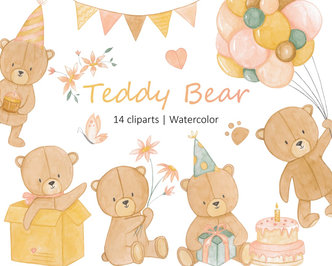 Teddy Bear Watercolor Clipart, Nursery Clipart, Watercolor Cute Teddy ...