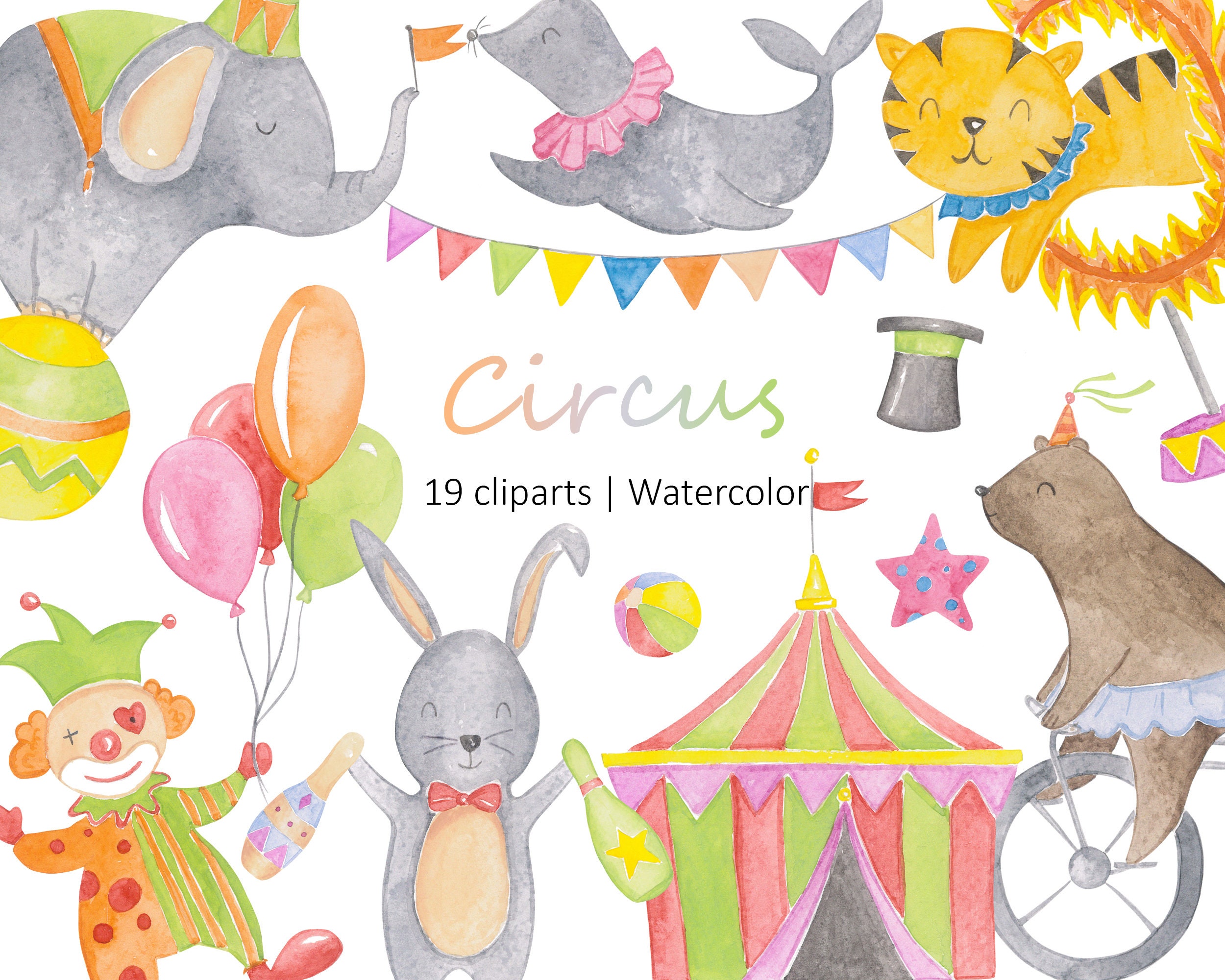 Circus Watercolor Clipart, Cute Circus Animals Clipart, PNG & JPG ...