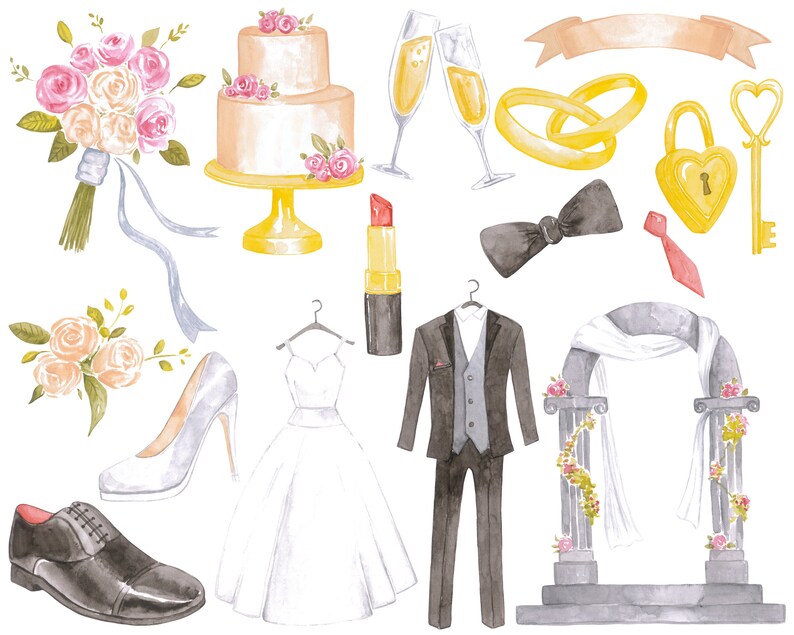 Wedding Watercolor Clipart, Bride Clipart, Watercolor Wedding Elements ...