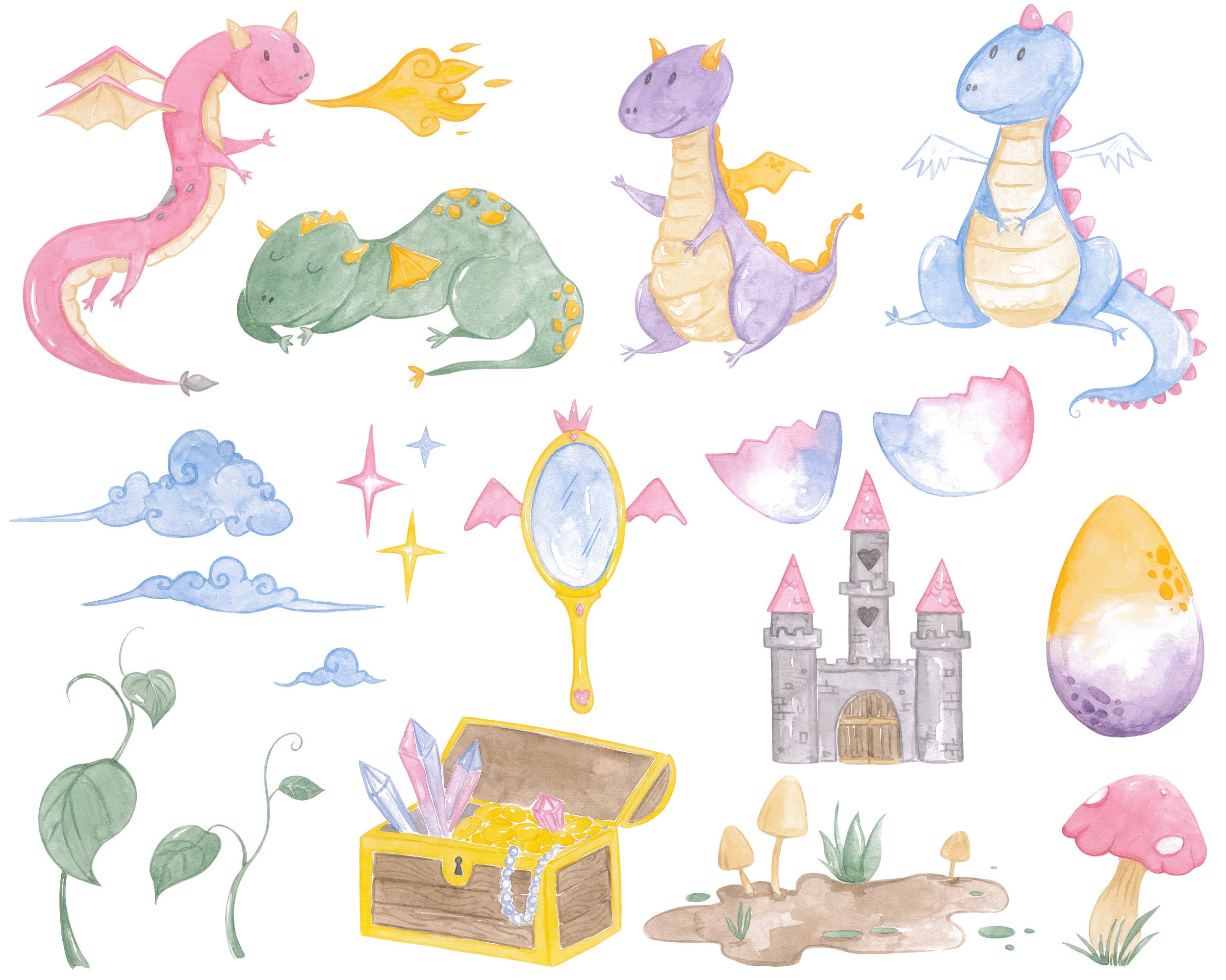 Dragons Watercolor Clipart, Watercolor Dragon Kingdom Clipart, Nursery ...