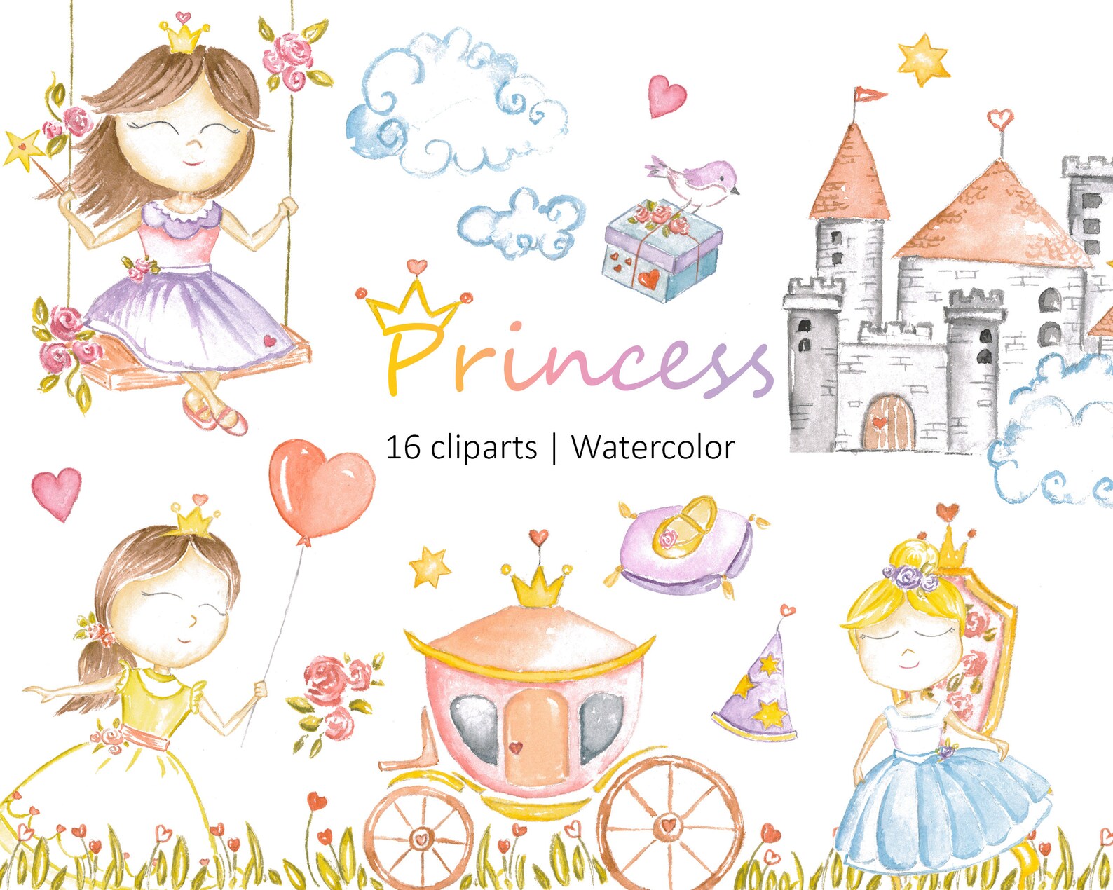 Little Princess Watercolor Clipart Princess Castle Watercolor - Etsy