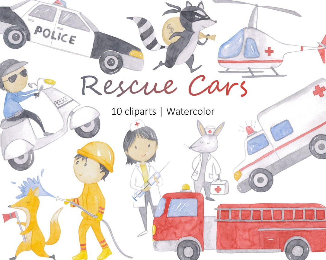 Watercolor Rescue Vehicles, Rescue Cars, Ambulance Police Firetruck ...