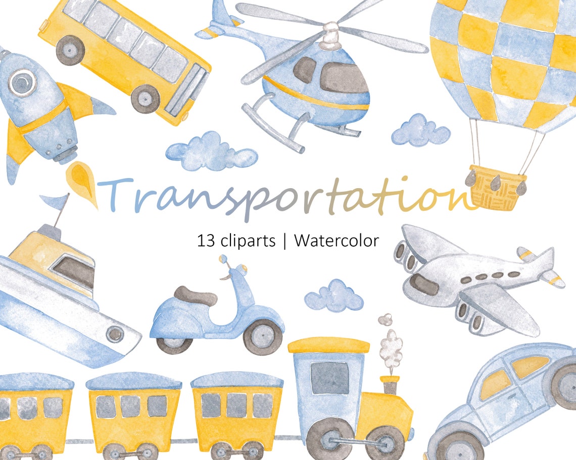 Transportation Watercolor Clipart, Kids Transport Party Clipart ...