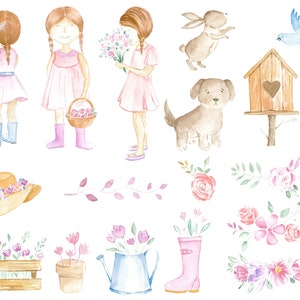 Little Spring Watercolor Clipart, Spring Flower Girls Watercolor ...