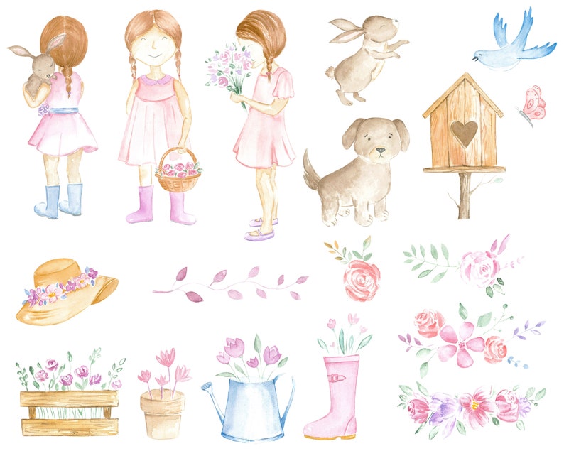 Little Spring Watercolor Clipart, Spring Flower Girls Watercolor ...