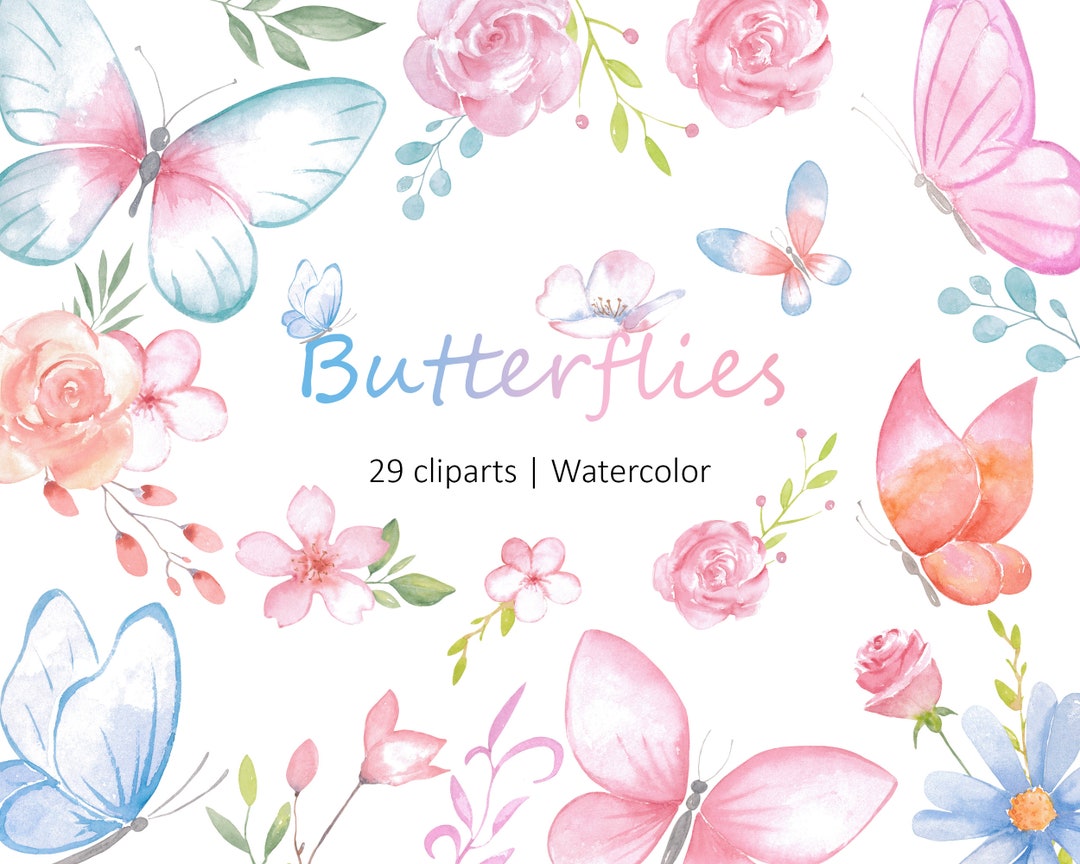 Butterflies Watercolor Clipart, Watercolor Floral Party, Floral ...