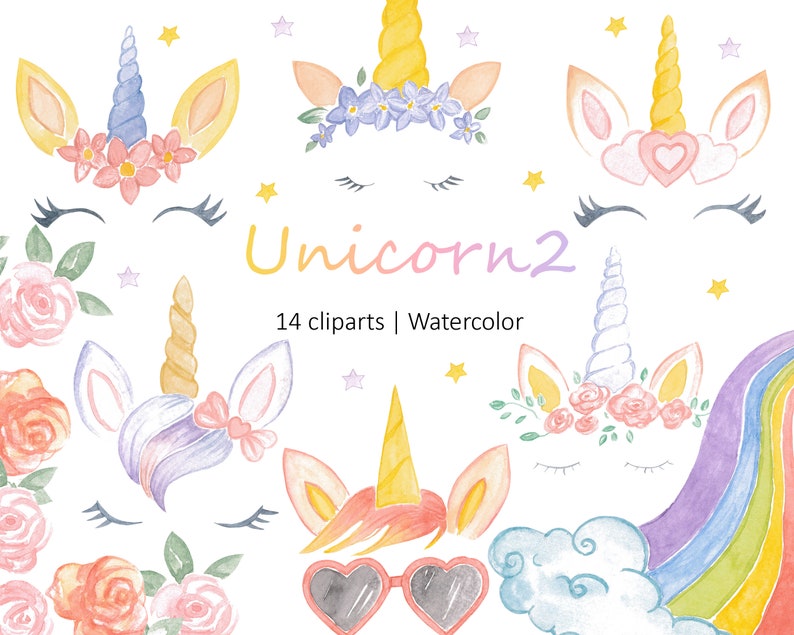 Unicorn Faces Watercolor Clipart, Floral Unicorn Clipart, Rainbow ...