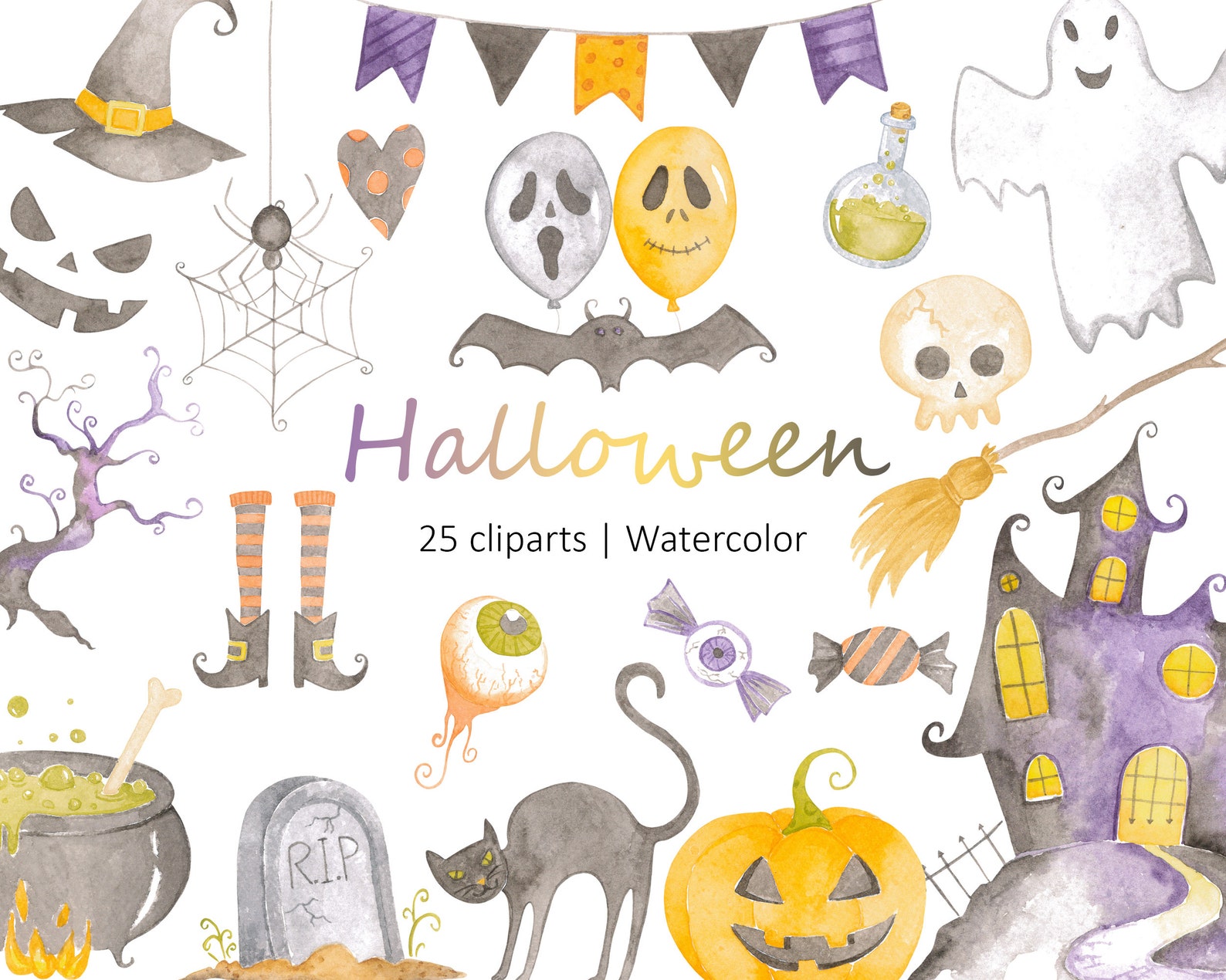 Halloween Watercolor Clipart Halloween Party Clipart - Etsy