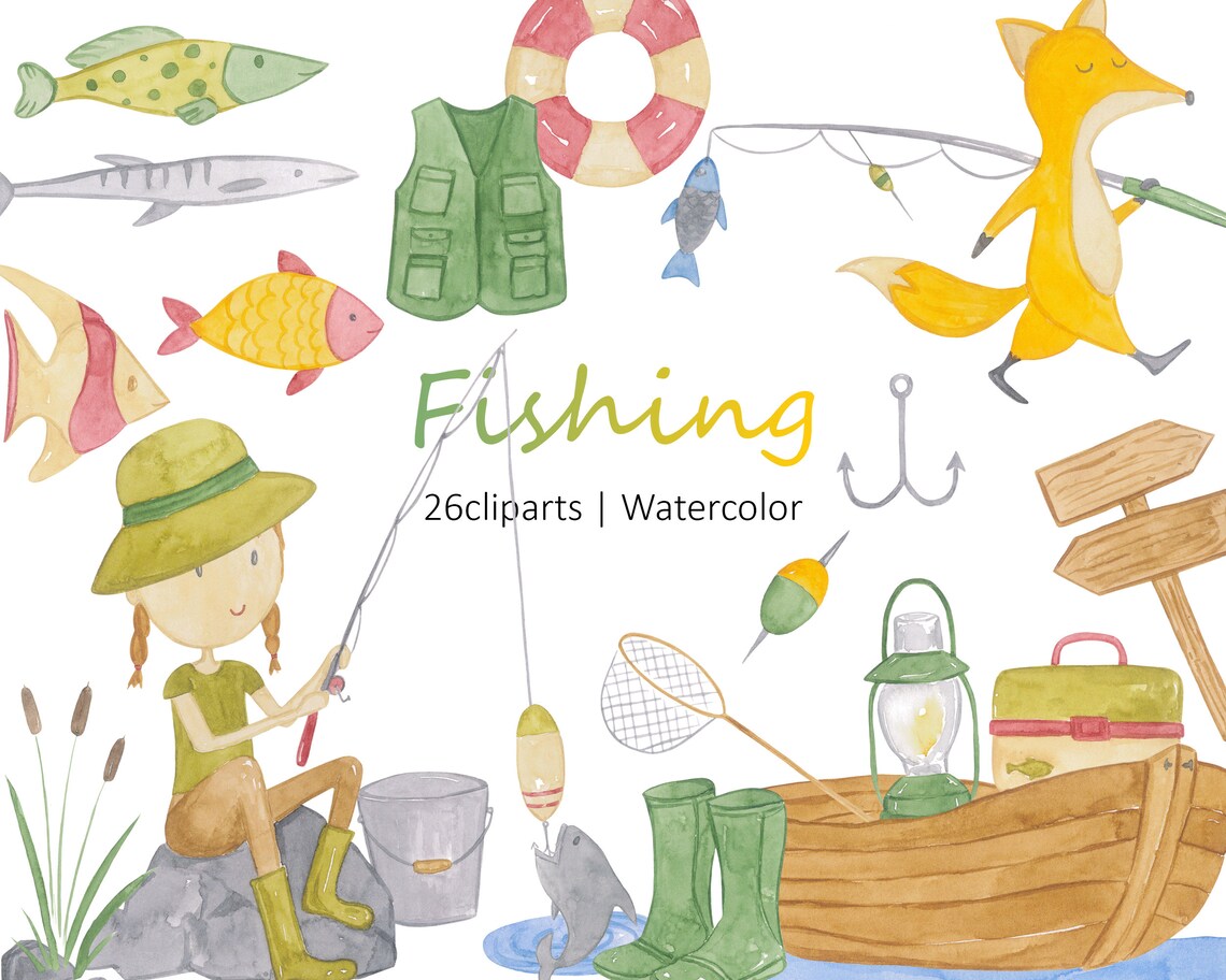 Fishing Watercolor Clipart, Watercolor Fishing Set, Gone Fishing, PNG ...