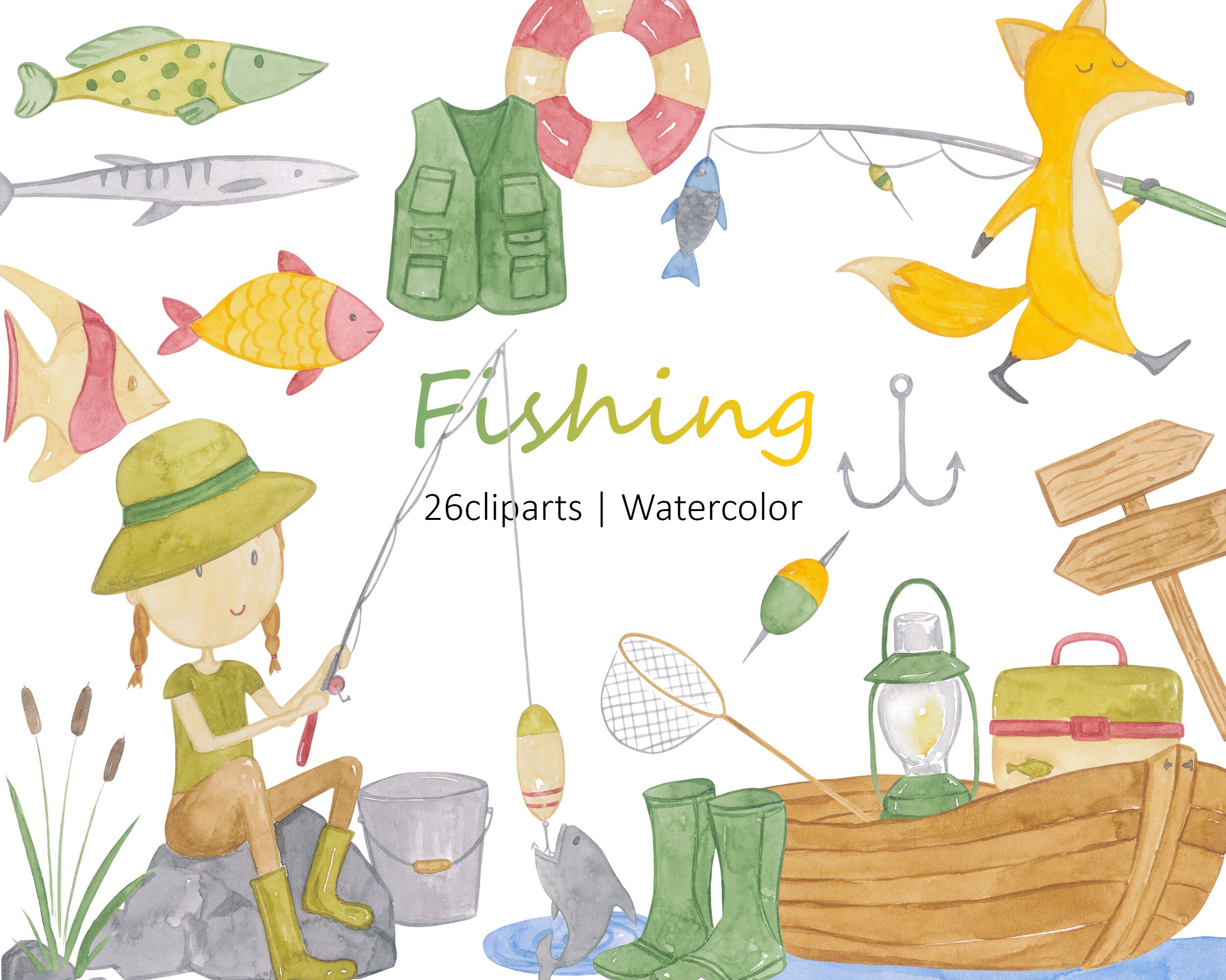 Fishing Watercolor Clipart, Watercolor Fishing Set, Gone Fishing, PNG ...