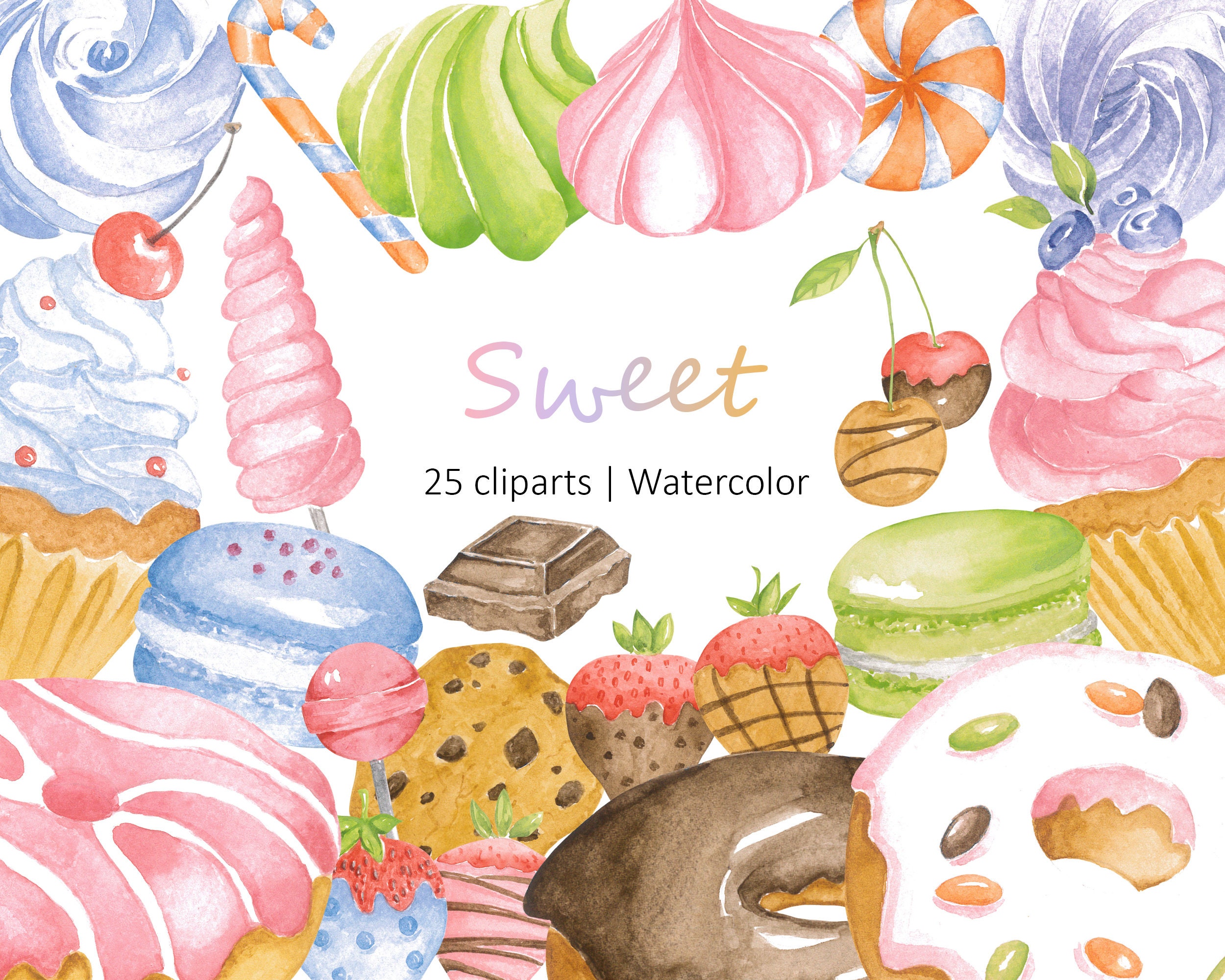 Watercolor Sweet Clipart, Watercolor Dessert, Pastries Clipart, PNG ...