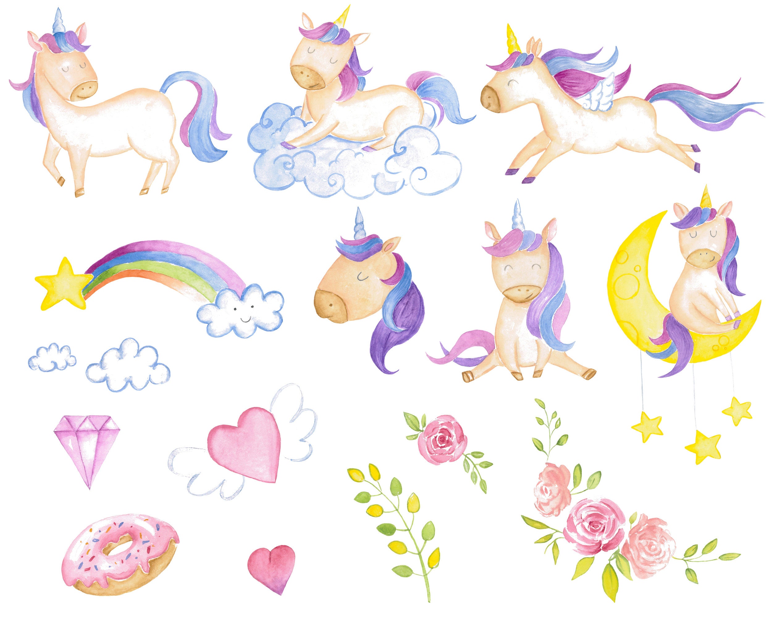Unicorn Watercolor Clipart, Rainbow Unicorn Watercolor Clipart, Pink ...