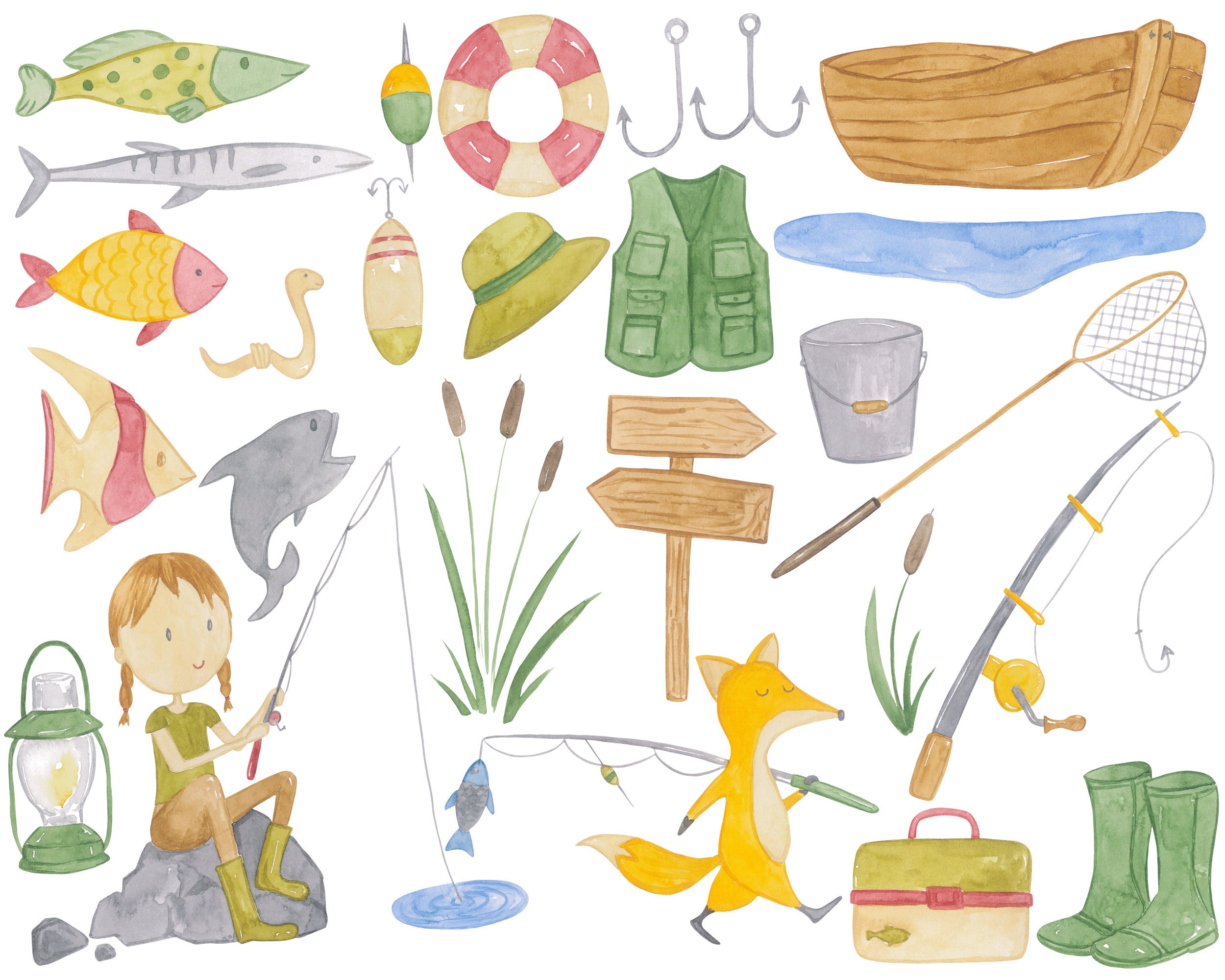 Fishing Watercolor Clipart, Watercolor Fishing Set, Gone Fishing, PNG ...