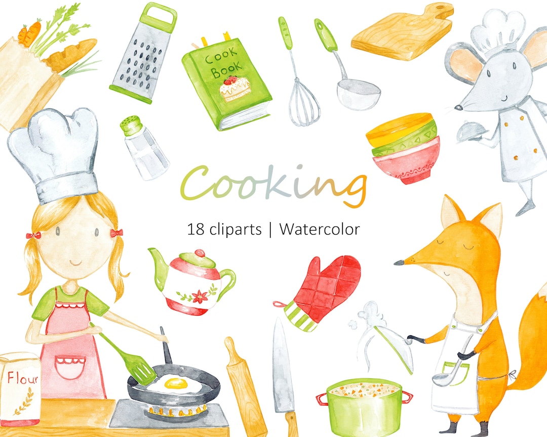 Cooking Watercolor Clipart, Watercolor Chef Clipart, Cooking Supplies ...