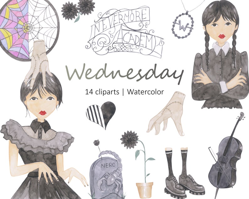 Wednesday Watercolor Clipart, Wednesday Horror, Watercolor Halloween ...