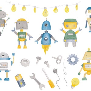 Robots Watercolor Clipart, Robotics Nursery Clipart, PNG & JPG Digital ...