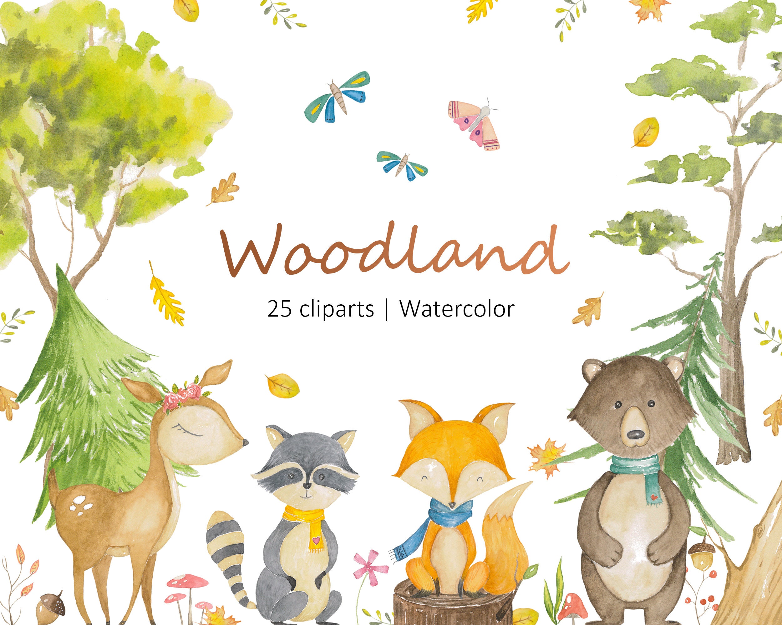 Woodland Animals Watercolor Clipart, Woodland Nursery Watercolor ...