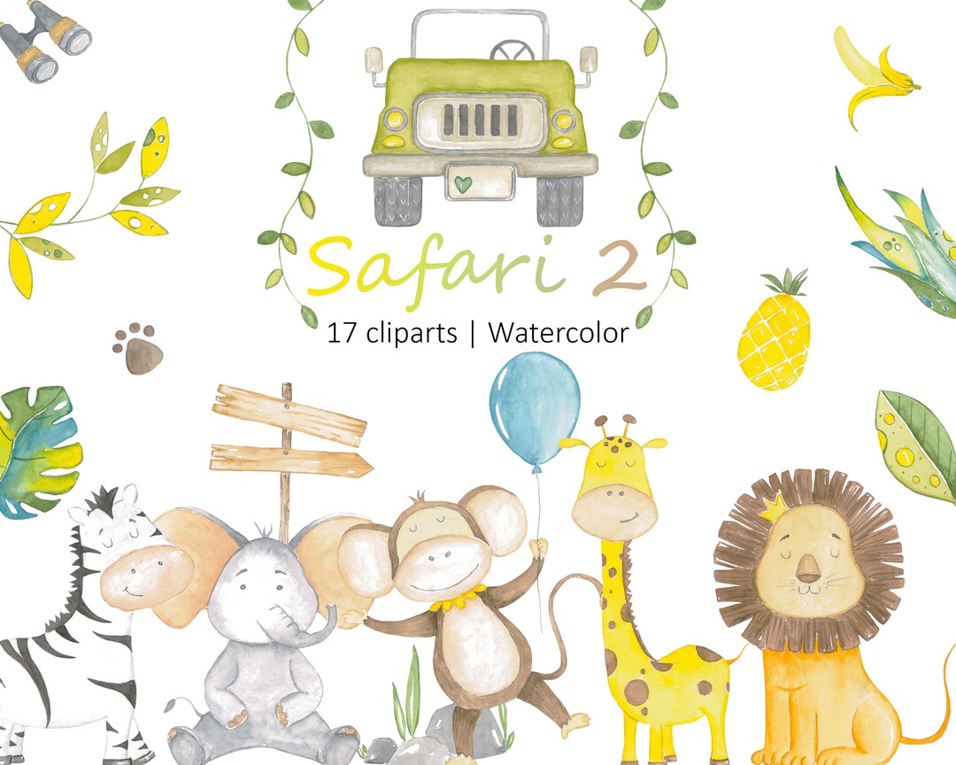 Safari Watercolor Clipart, Jungle Animals Watercolor Clipart, Safari ...