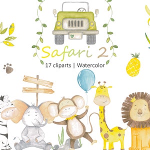 Safari Watercolor Clipart, Jungle Animals Watercolor Clipart, Safari ...