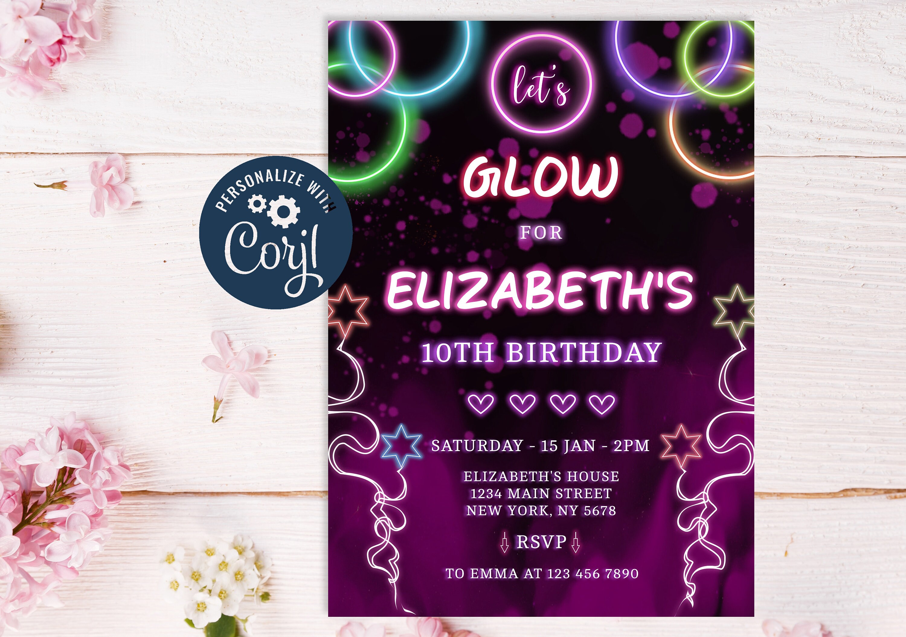 Glow Party Invitation, Neon Light Birthday Party Invitation, Colorful ...