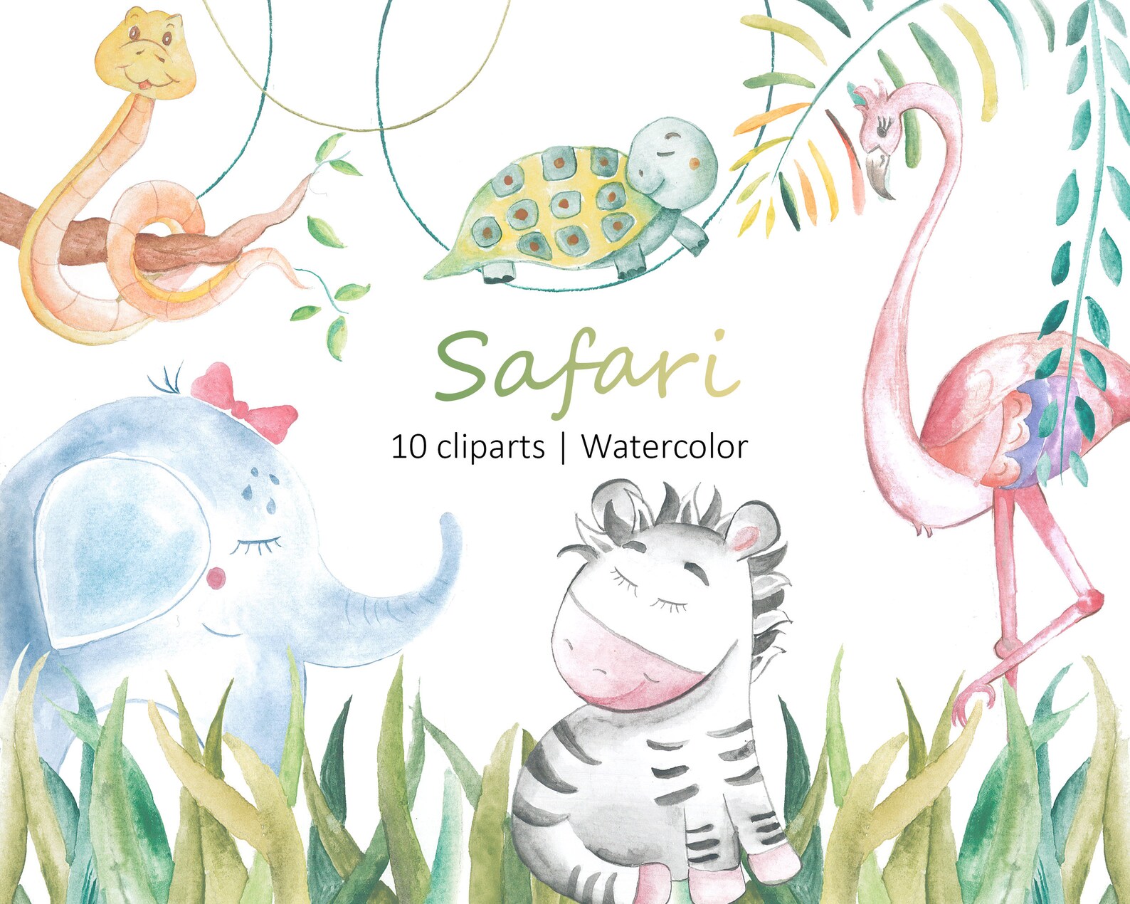 Safari Watercolor Clipart, Jungle Animals Watercolor Clipart, Safari ...