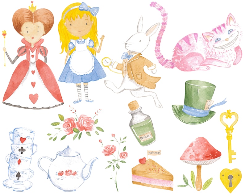Alice in Wonderland Watercolor Clipart, Watercolor Wonderland Party ...