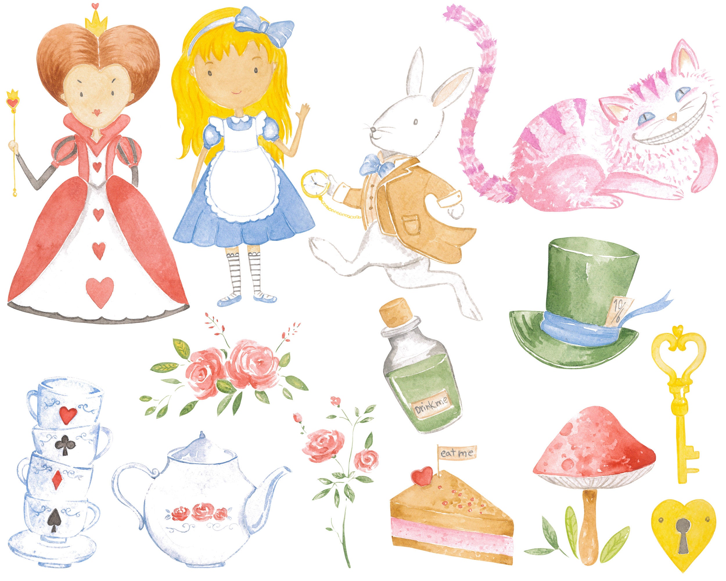 Alice in Wonderland Watercolor Clipart, Watercolor Wonderland Party ...