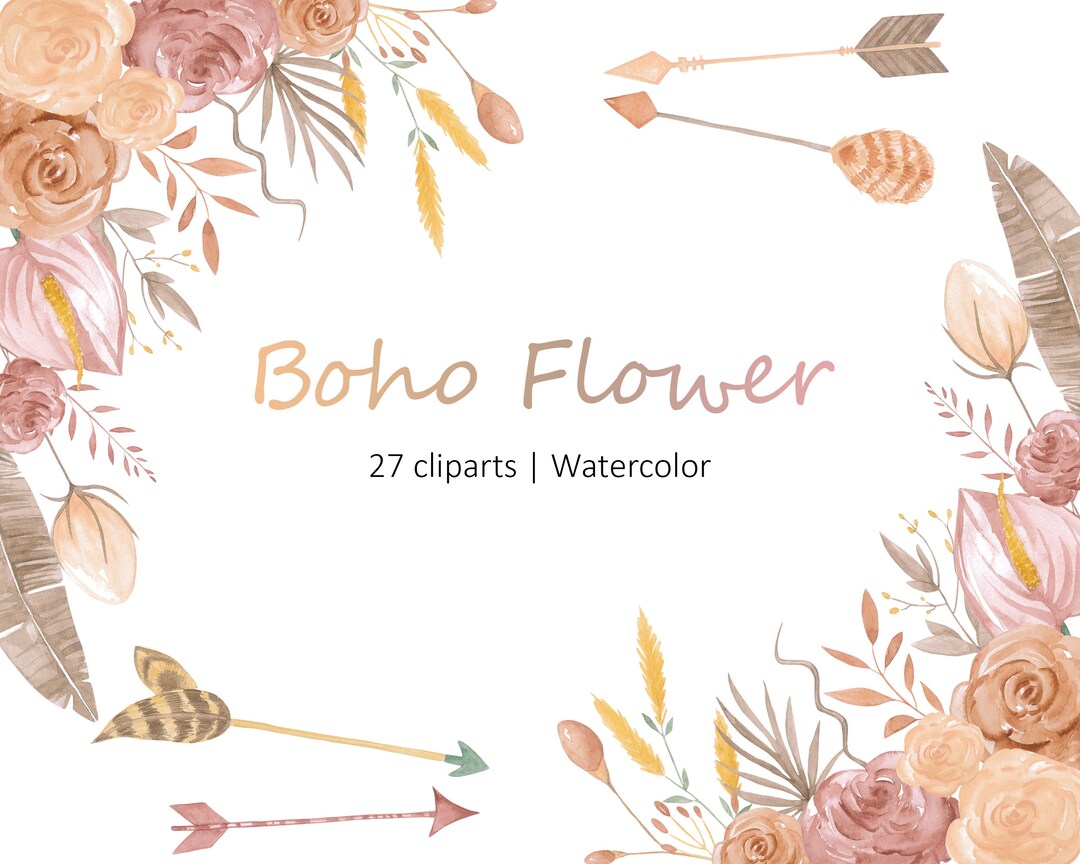 Boho Flower Watercolor Clipart, Bohemian Dried Leaf Clipart, Watercolor ...